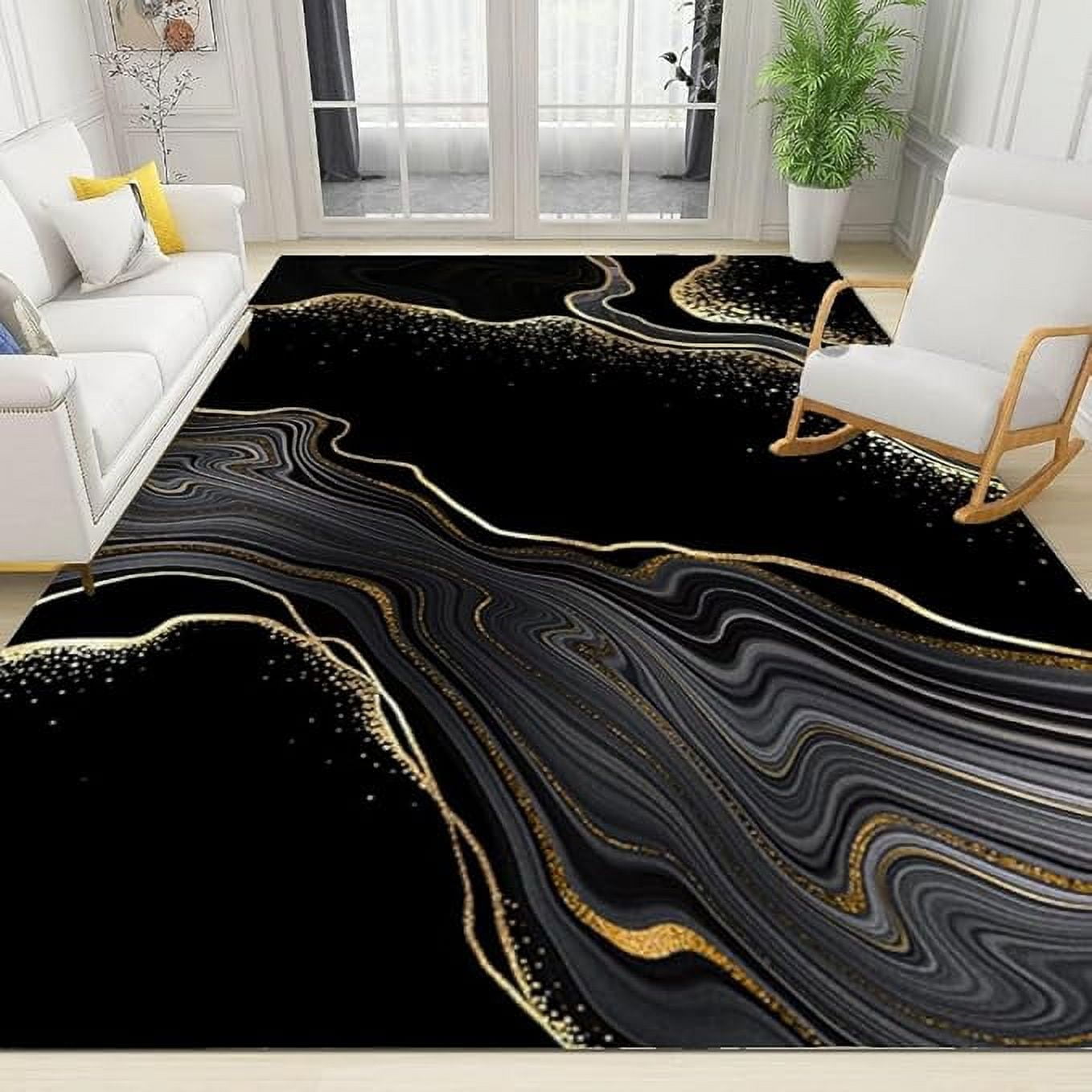 Luxury Black Gold Marble Area Rugs, Abstract Night Sky Grey Line ...