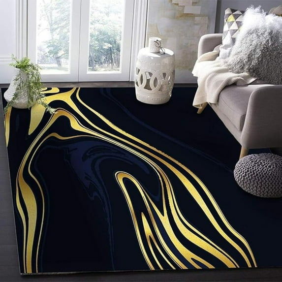 Luxury Black Gold Marble Texture Area Rugs, Golden Flow Texture Black ...