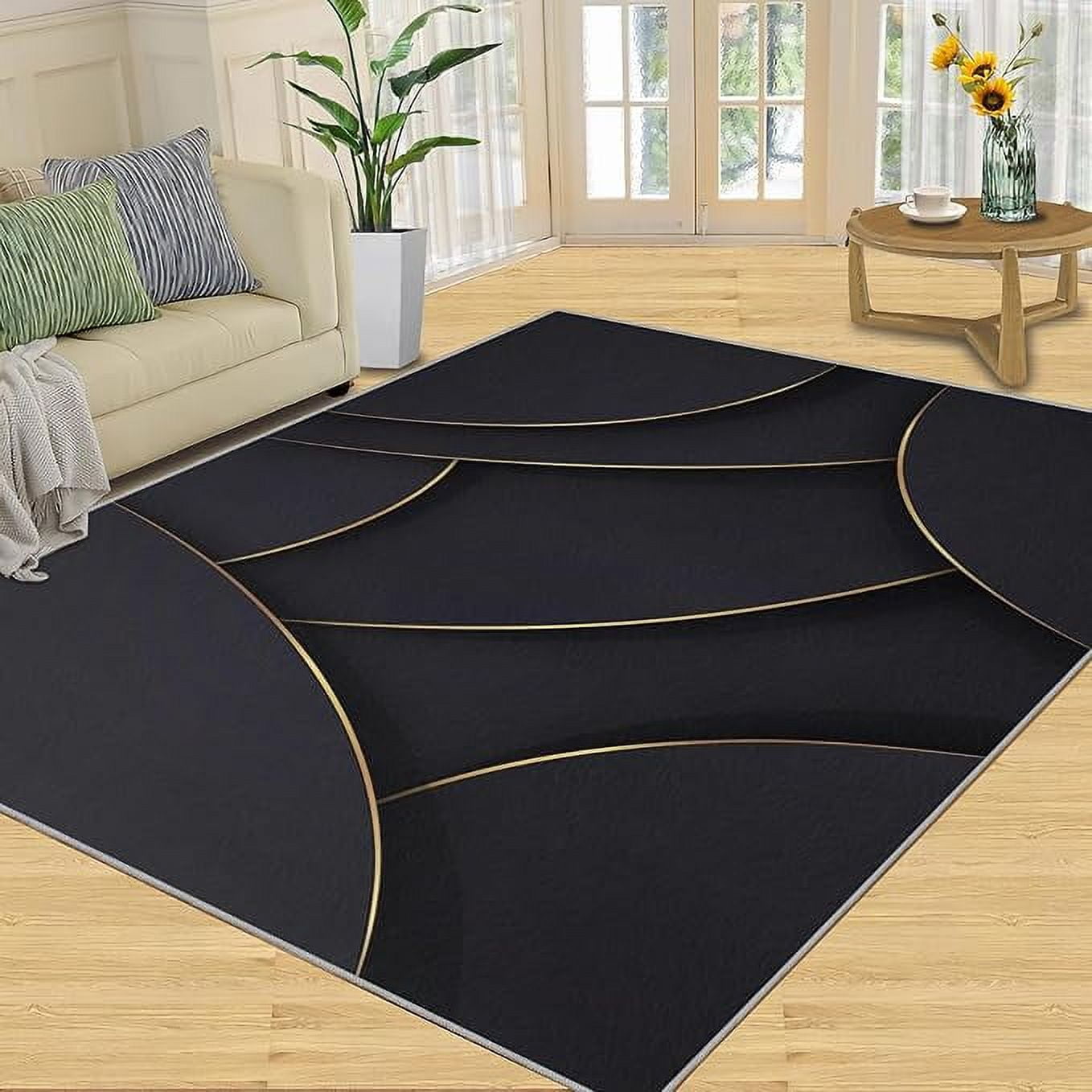 Luxury Black Gold Rug, Modern Abstract Living Room Rug, Low Pile Easy ...