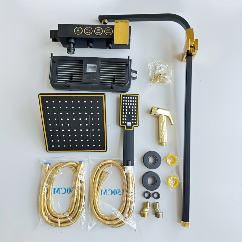 Luxury Black & Gold Square Shower Set With 4-Mode Adjustable Pressure ...