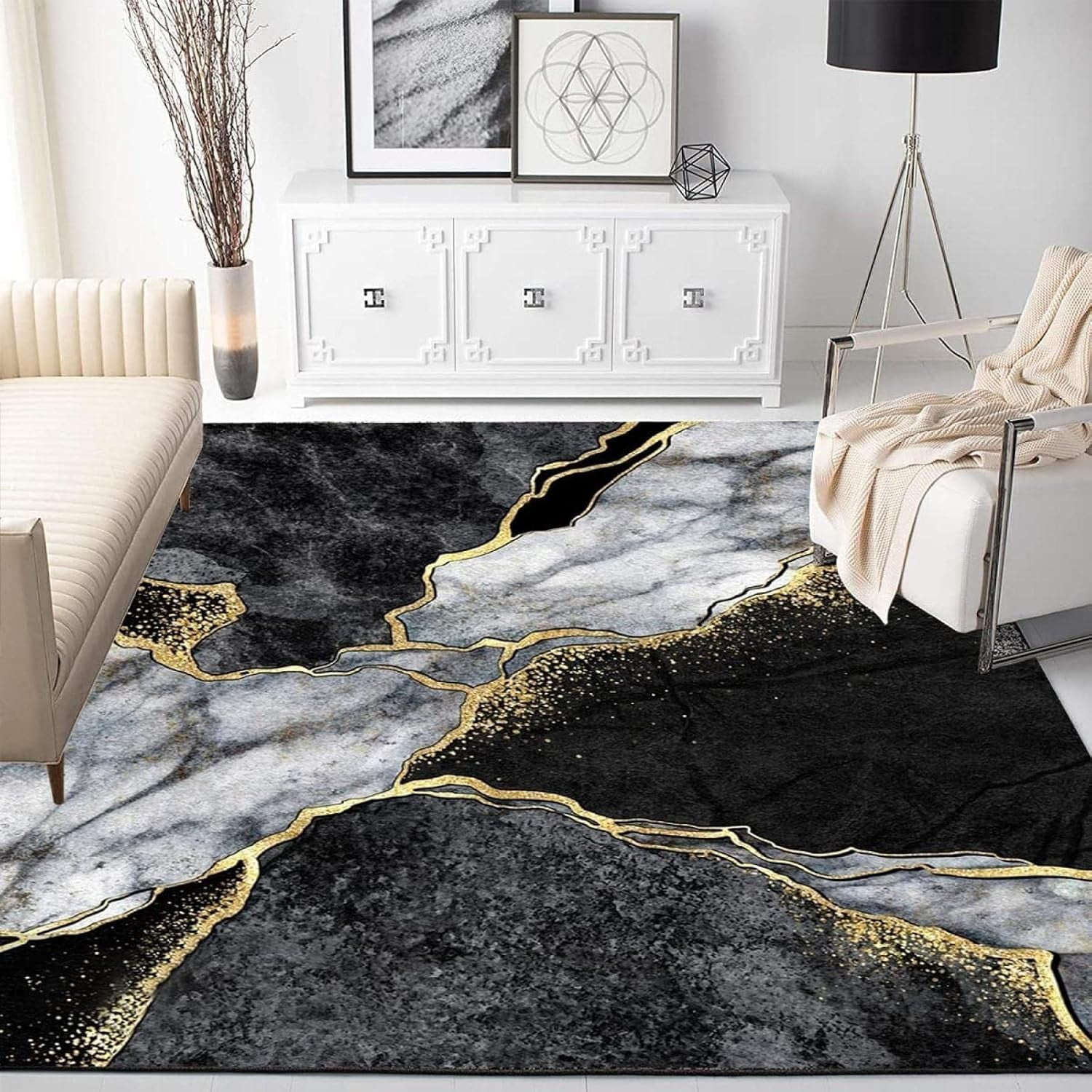 Luxury Black Grey Gold Marble Area Rug, Nordic Modern Abstract Marble ...