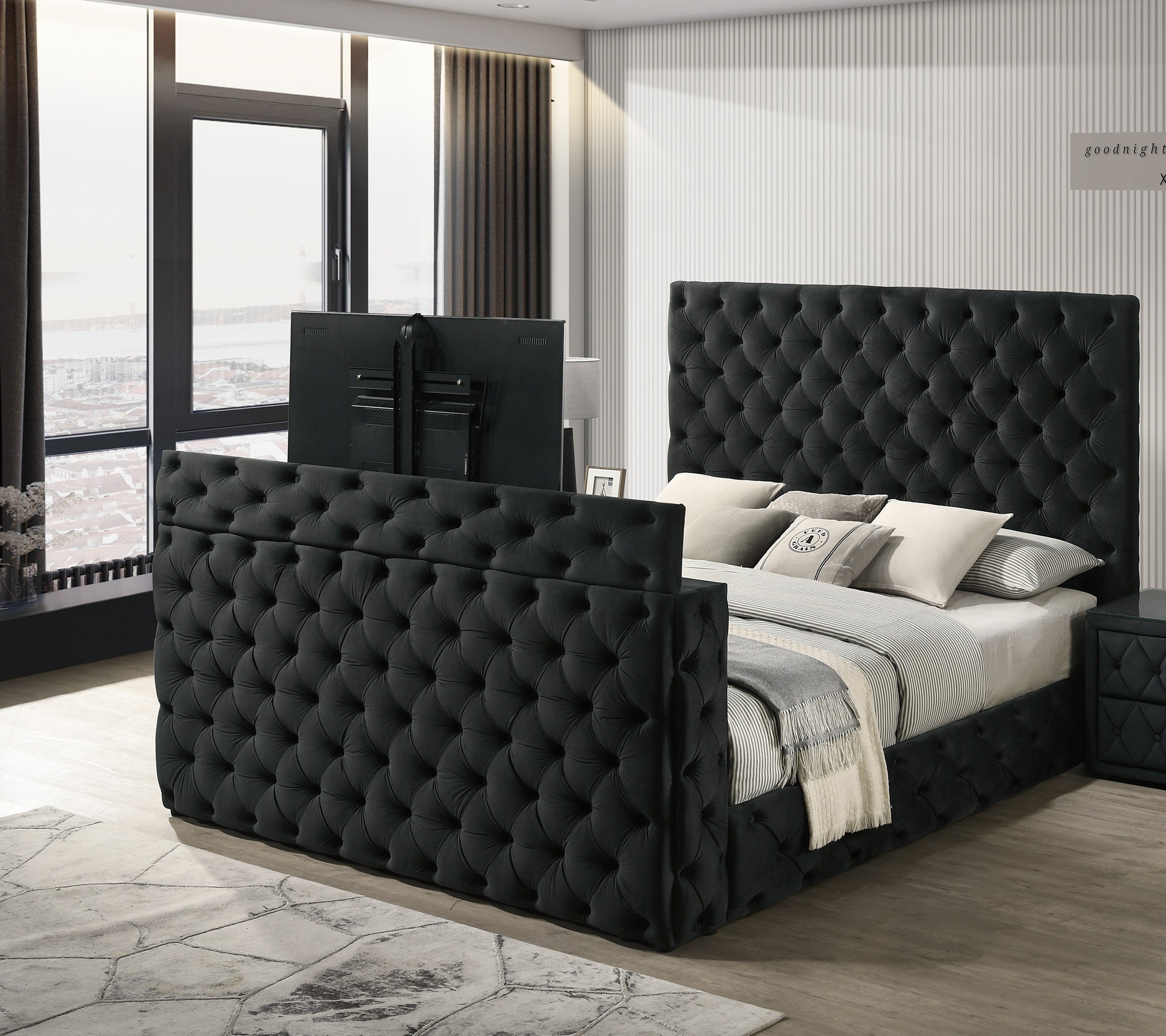 Luxury Black Velvet Upholstery 1pc Queen Size Bed Television Lift ...