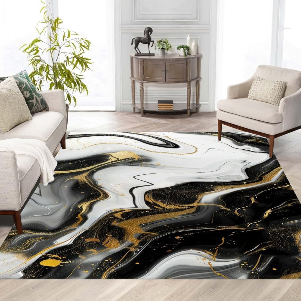 Luxury Black White Gold Marble Swirl Modern Abstract Rug Suitable For ...