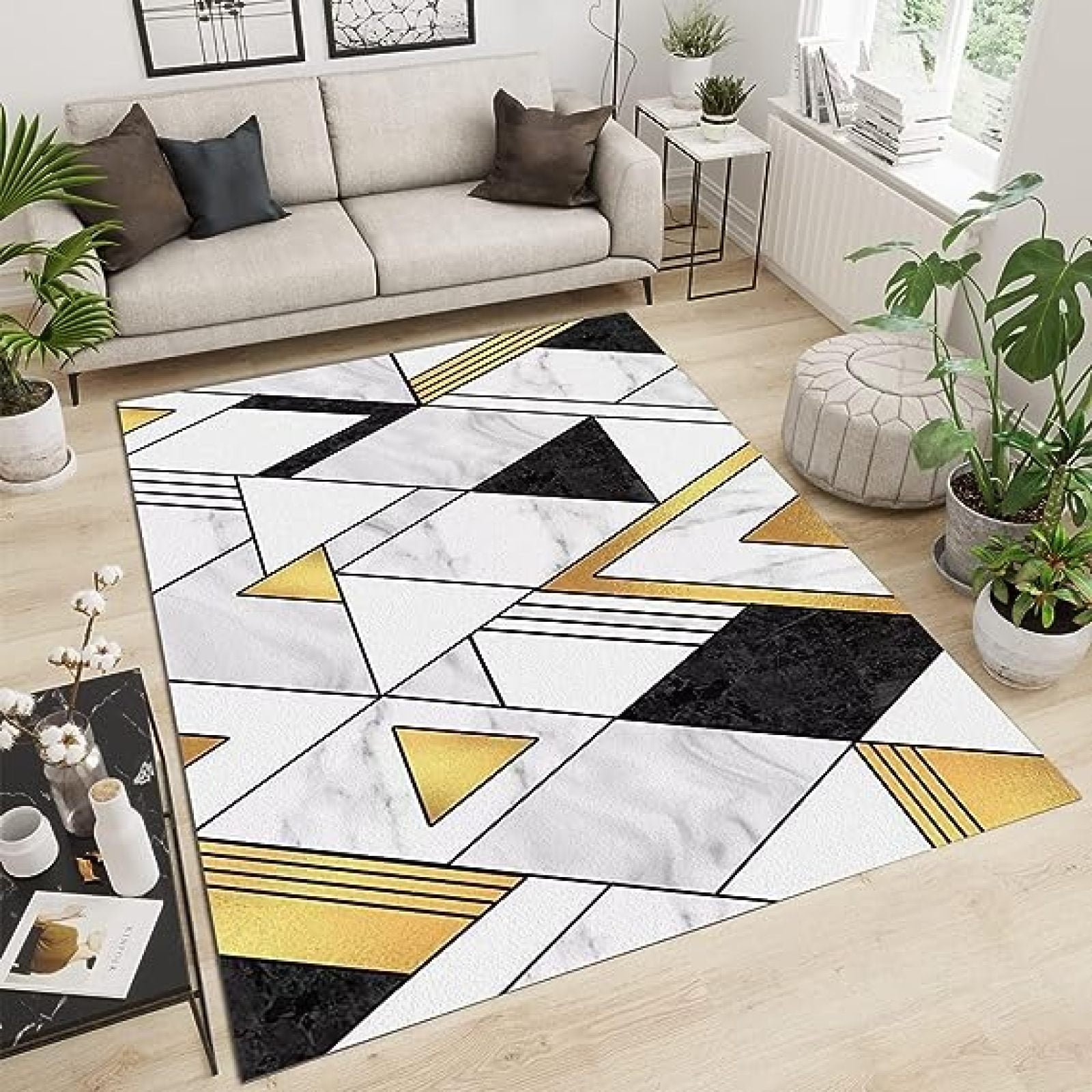 Luxury Black And White Marble Texture Area Rug, Abstract Golden ...