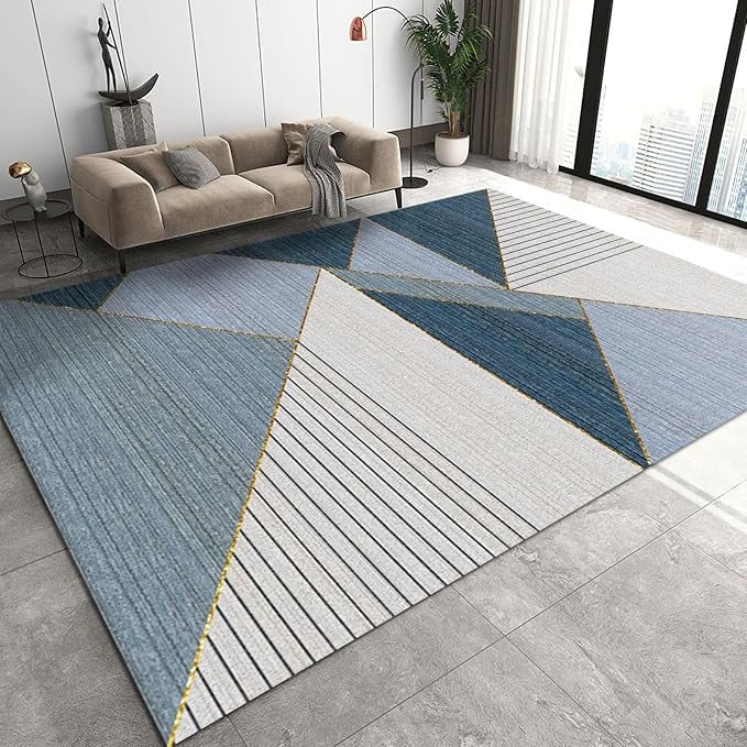 Luxury Blue Geometric Living Room Rug, Simple Gold Lines Office Decor ...