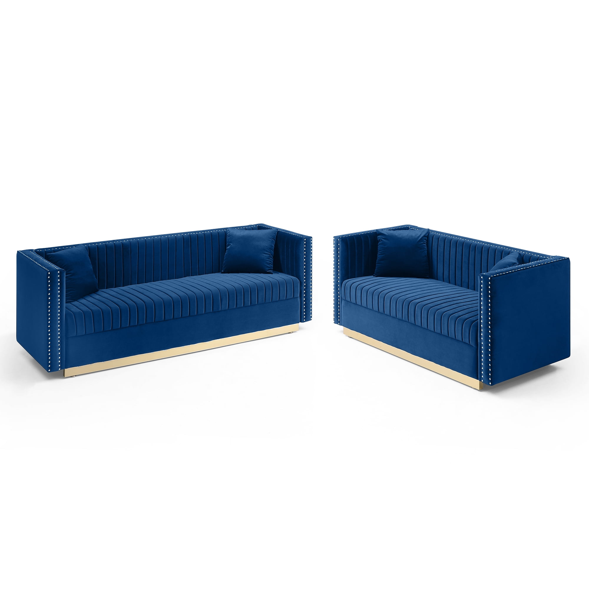 Luxury Blue Velvet Sofa Loveseat Set: Contemporary 2-Piece Couch with ...