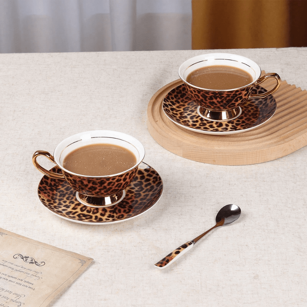 Luxury Bone China Leopard Print Tea Cup And Saucer Set With Golden ...
