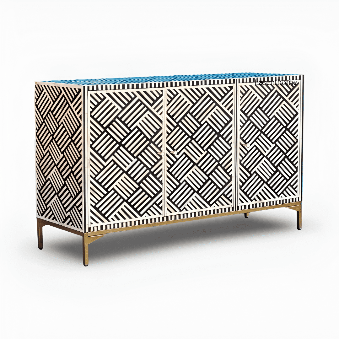 Luxury Bone Inlay Cabinet - 54 inch Long, Black Resin with White ...