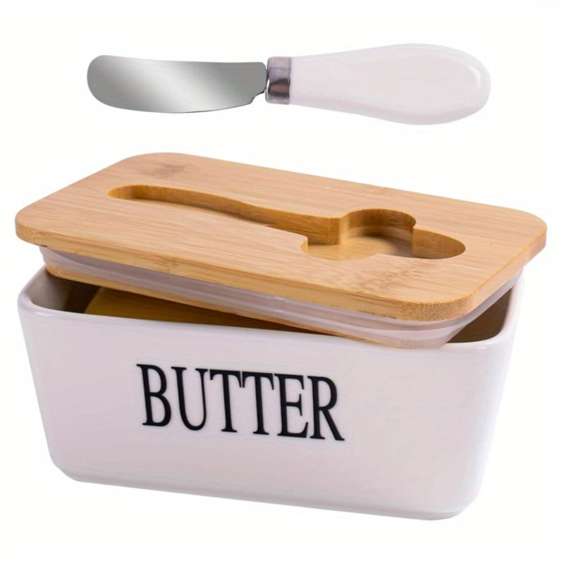 Luxury Butter Keeper with Silicone Seal - Ceramic Dish & Bamboo Lid Set ...