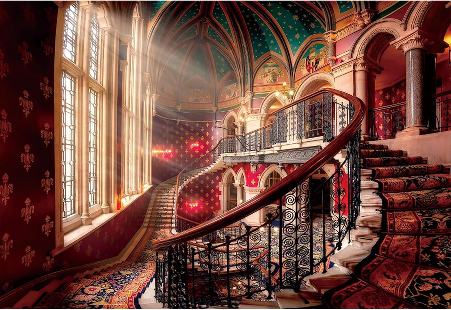 Luxury Castle Interior Photo Backdrop Red Carpet Spiral Staircase ...