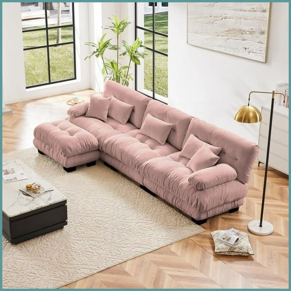 Luxury Chenille Modular L-Shaped Cloud Sofa with Convertible Ottoman ...