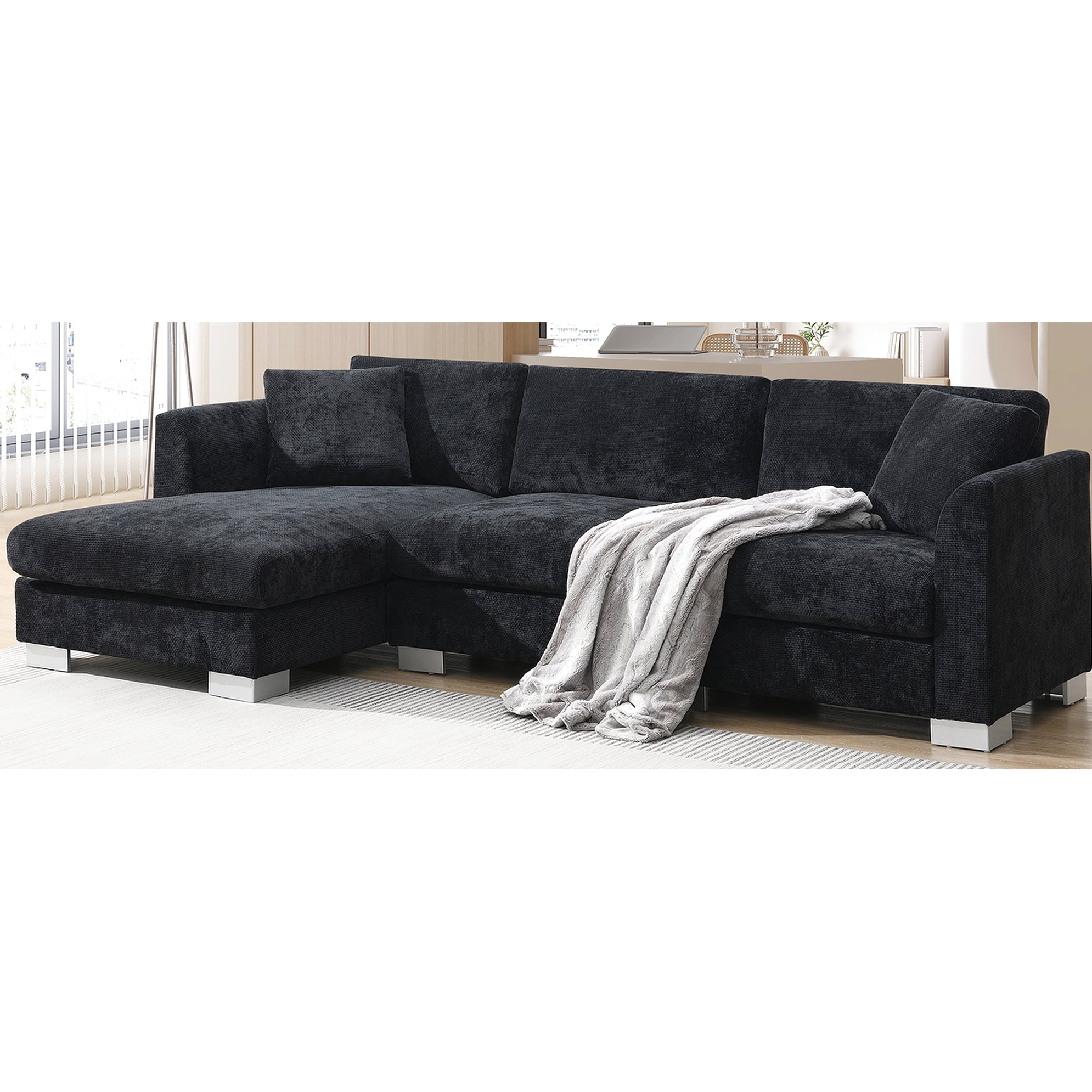 Luxury Chenille Sectional Couch, 96*56" L-shaped With Oversized Chaise, 4, 2 Pillows, Solid Wood ...