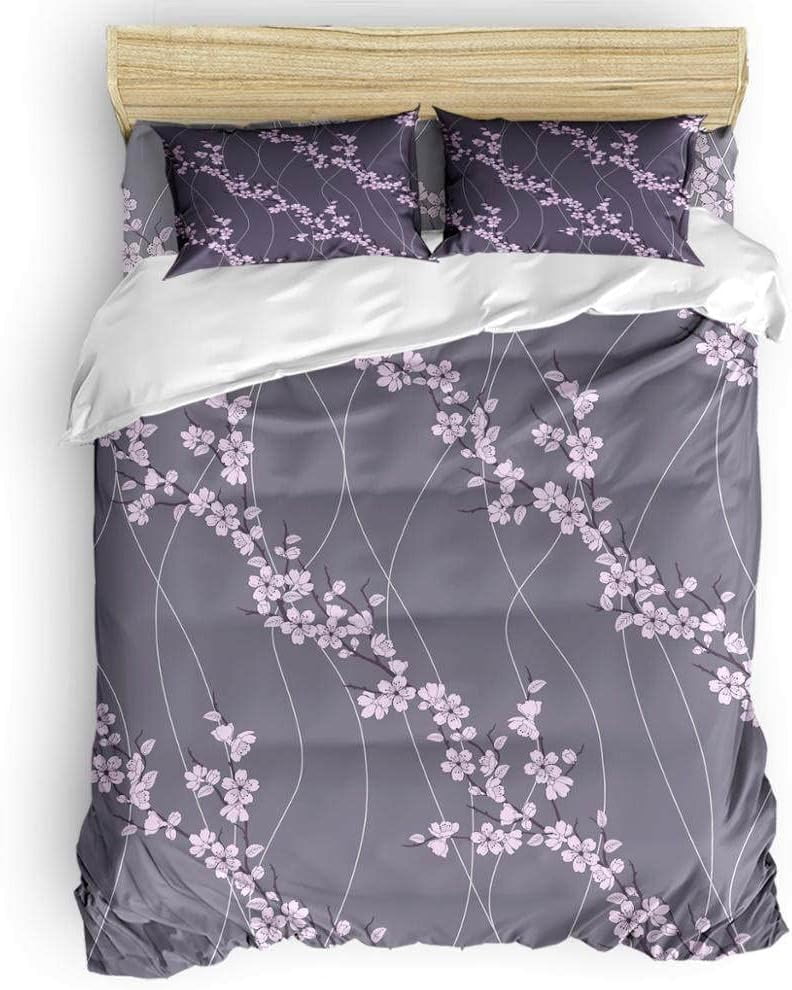 Luxury Cherry Blossom Print Grey Duvet Cover Set， Decorative Comforter ...