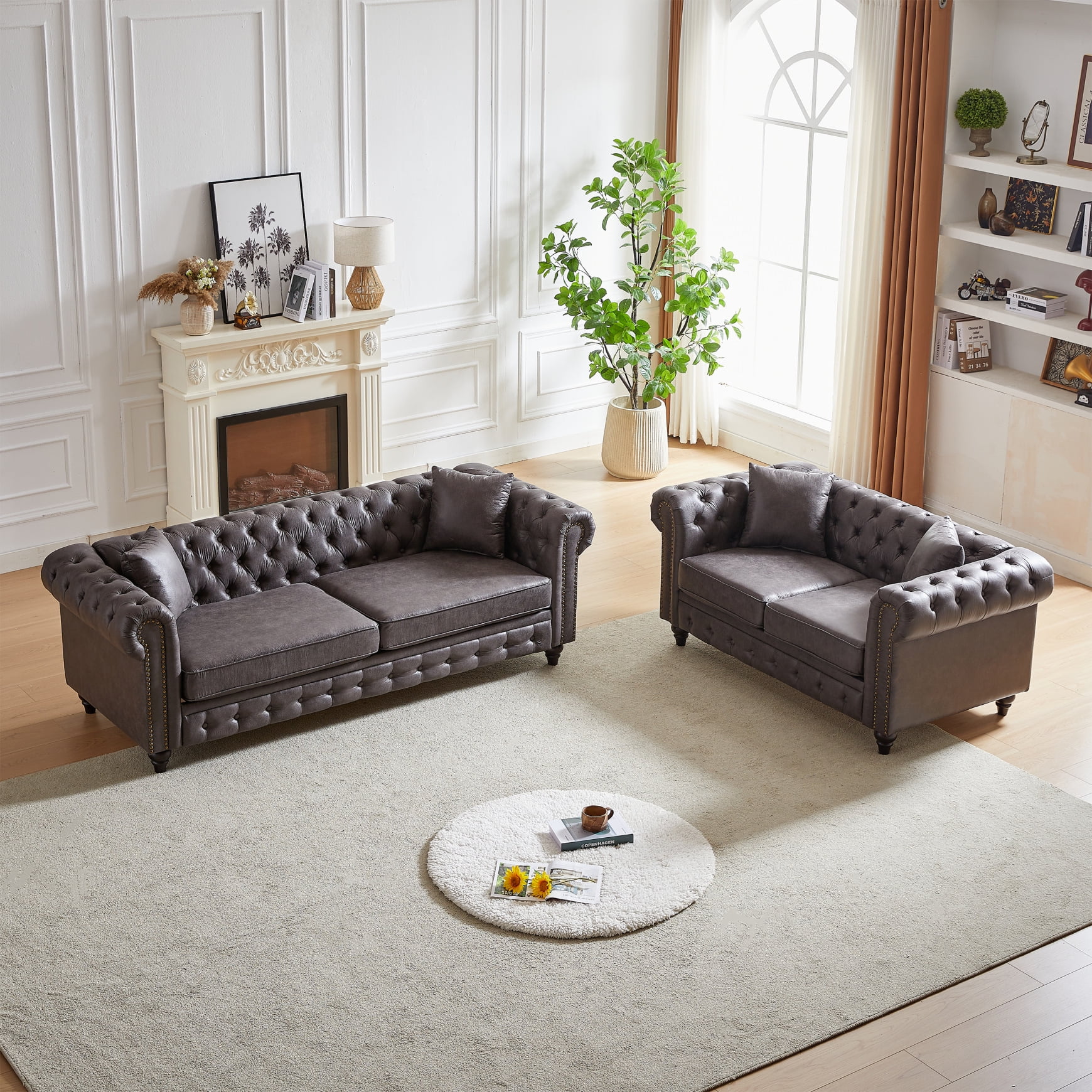 Luxury Chesterfield Sectional Sofa Set, 3-Seater Rolled Arm Sofa with 2 ...
