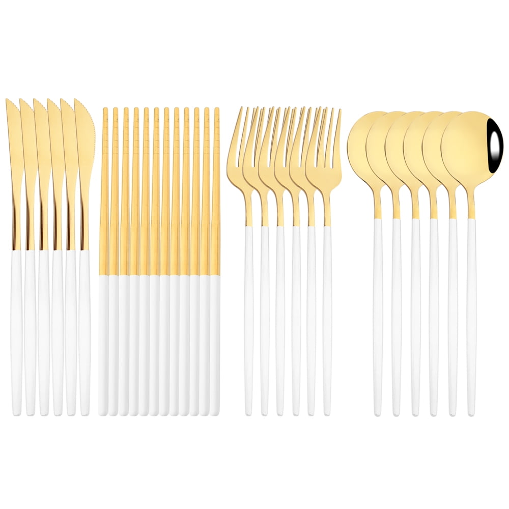 Luxury Chopsticks Knife Fork Spoon Cutlery Set 18/24 Pcs White Gold ...
