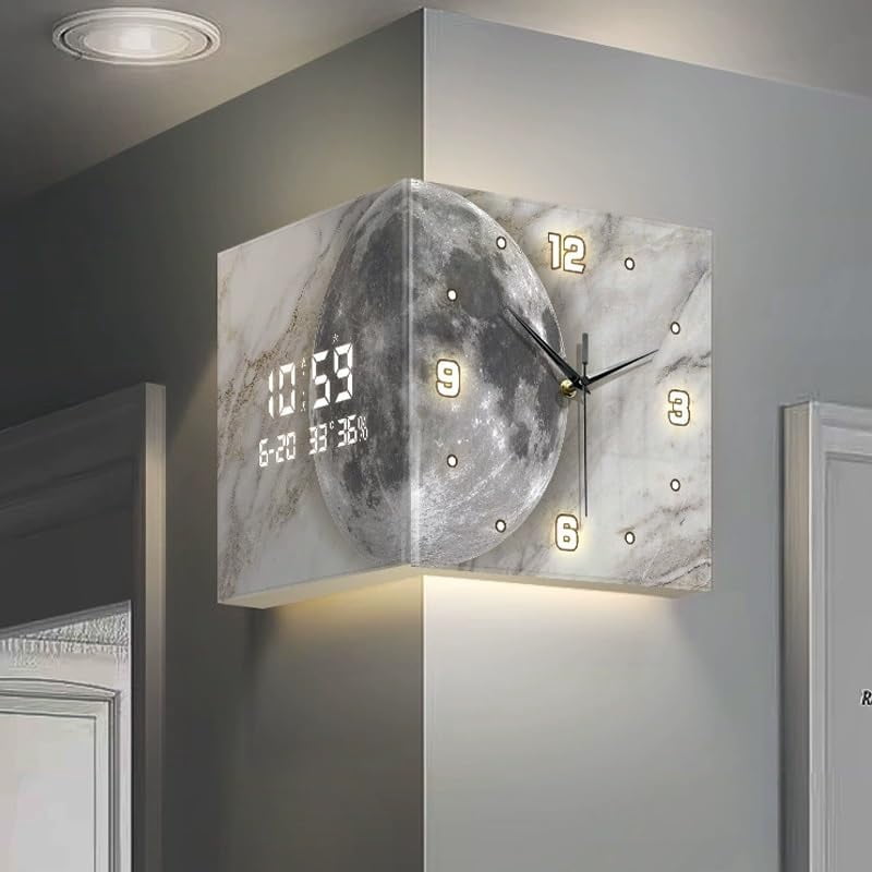 Luxury Corner Wall Clock with Light, Double Sided Corner Wall Clock ...