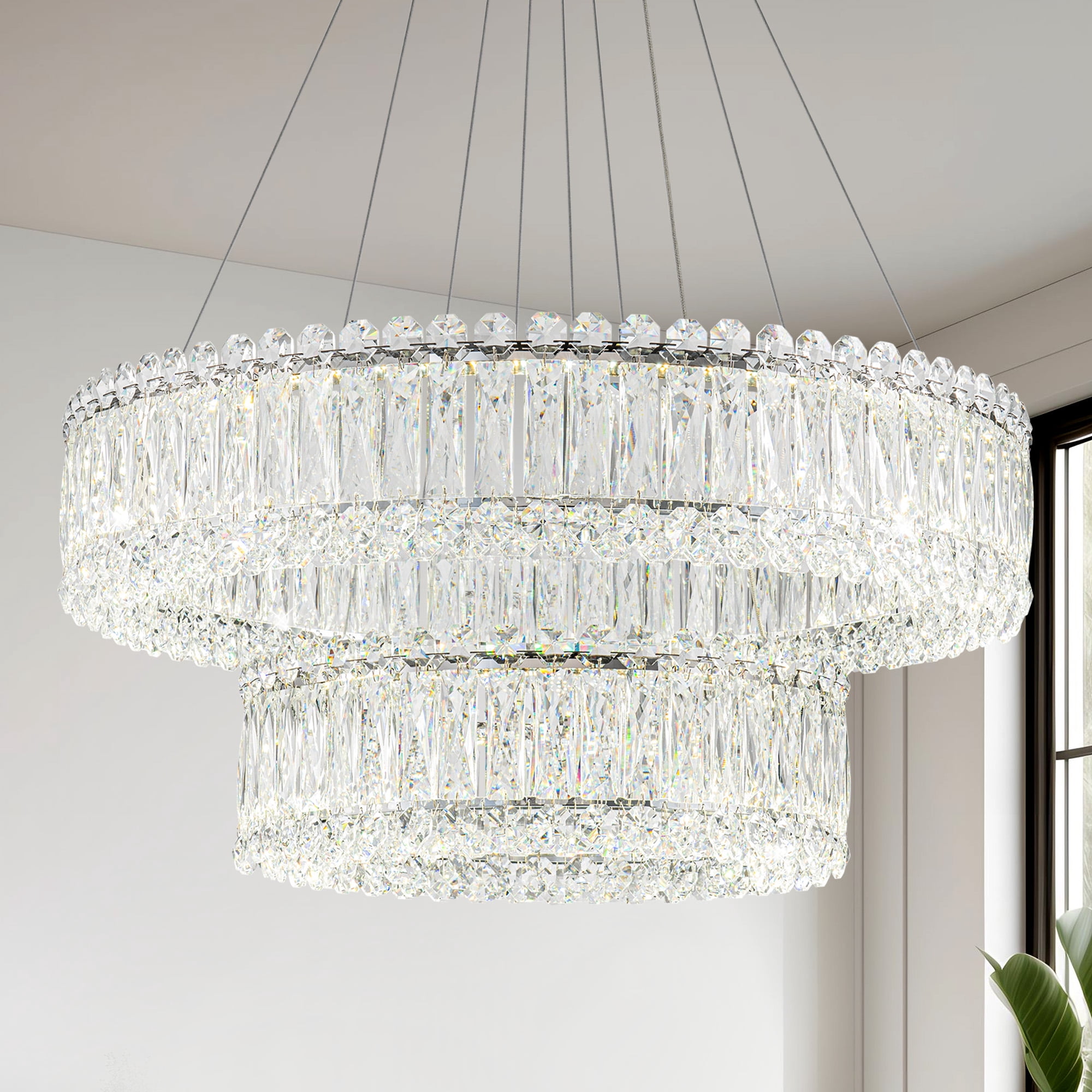 Luxury Crystal Chandelier LED Ring Dimmable Pendant Light with Remote ...
