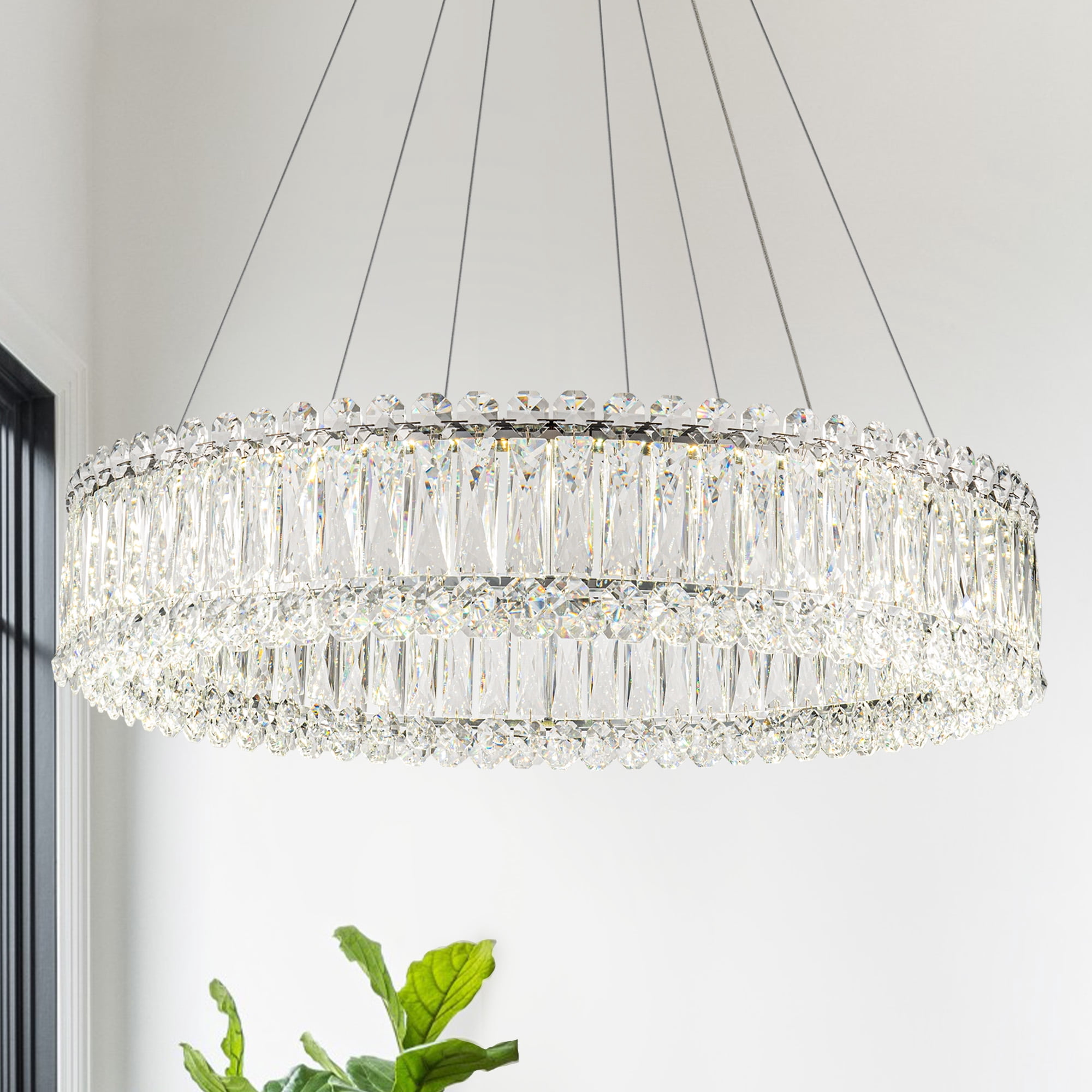 Luxury Crystal Chandelier LED Ring Dimmable Pendant Light with Remote ...
