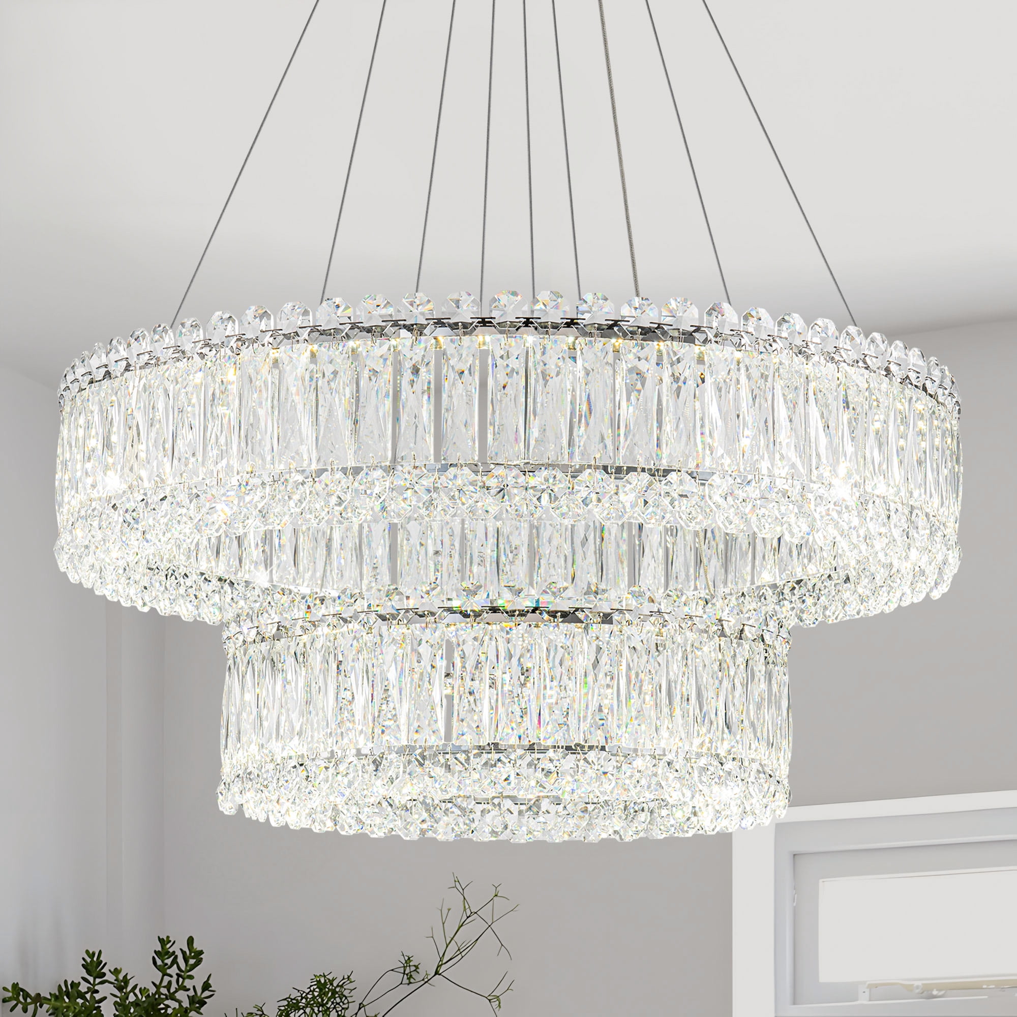 Luxury Crystal Chandelier LED Ring Dimmable Pendant Light with Remote ...
