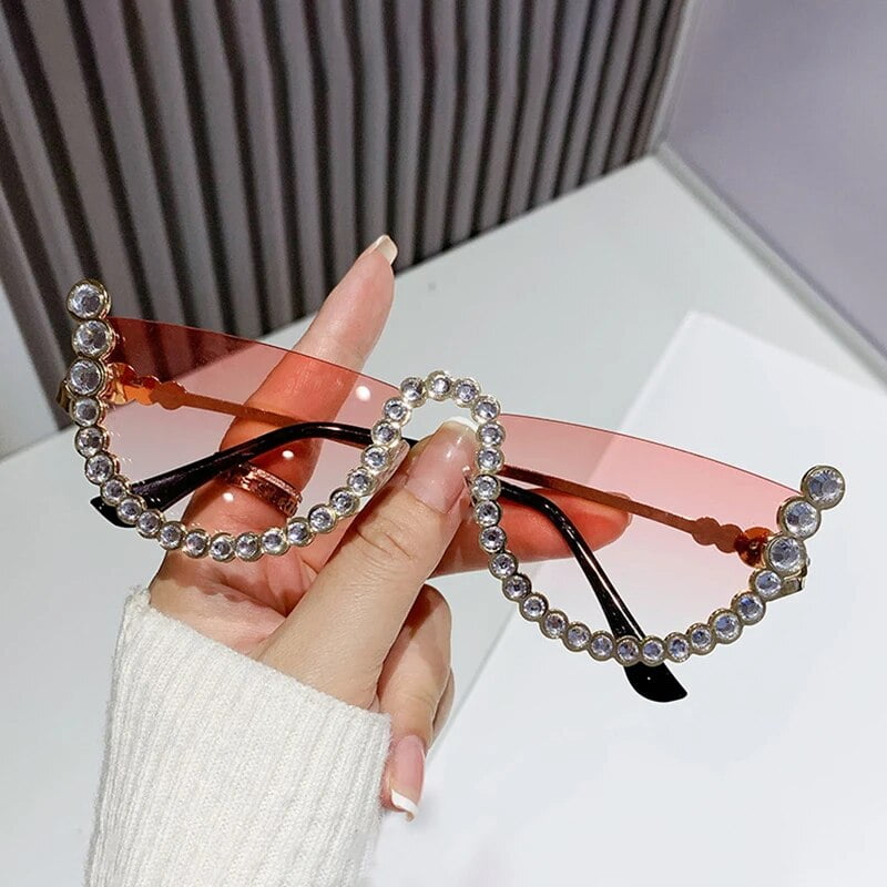 Luxury Diamond Sunglasses Women Semi Rimless Sun Glasses With