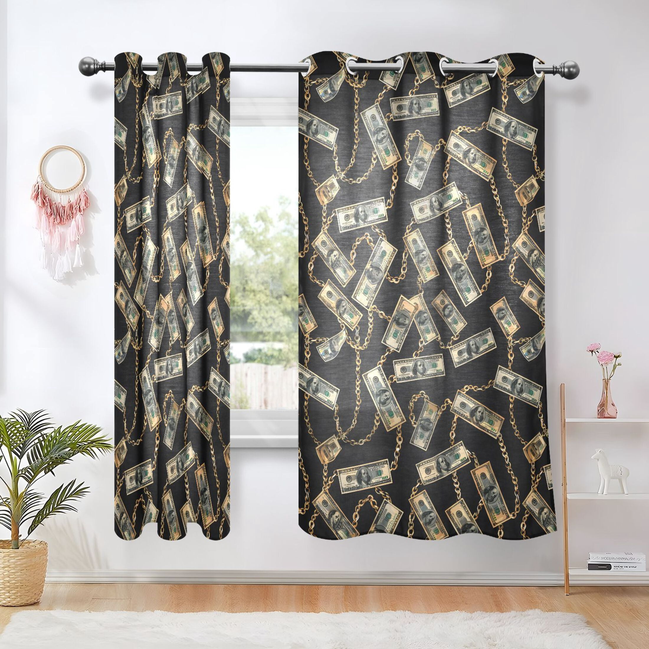 Luxury Dollar Bill Chain Sheer Curtains 2 Panels Set Grommet Drapes for ...