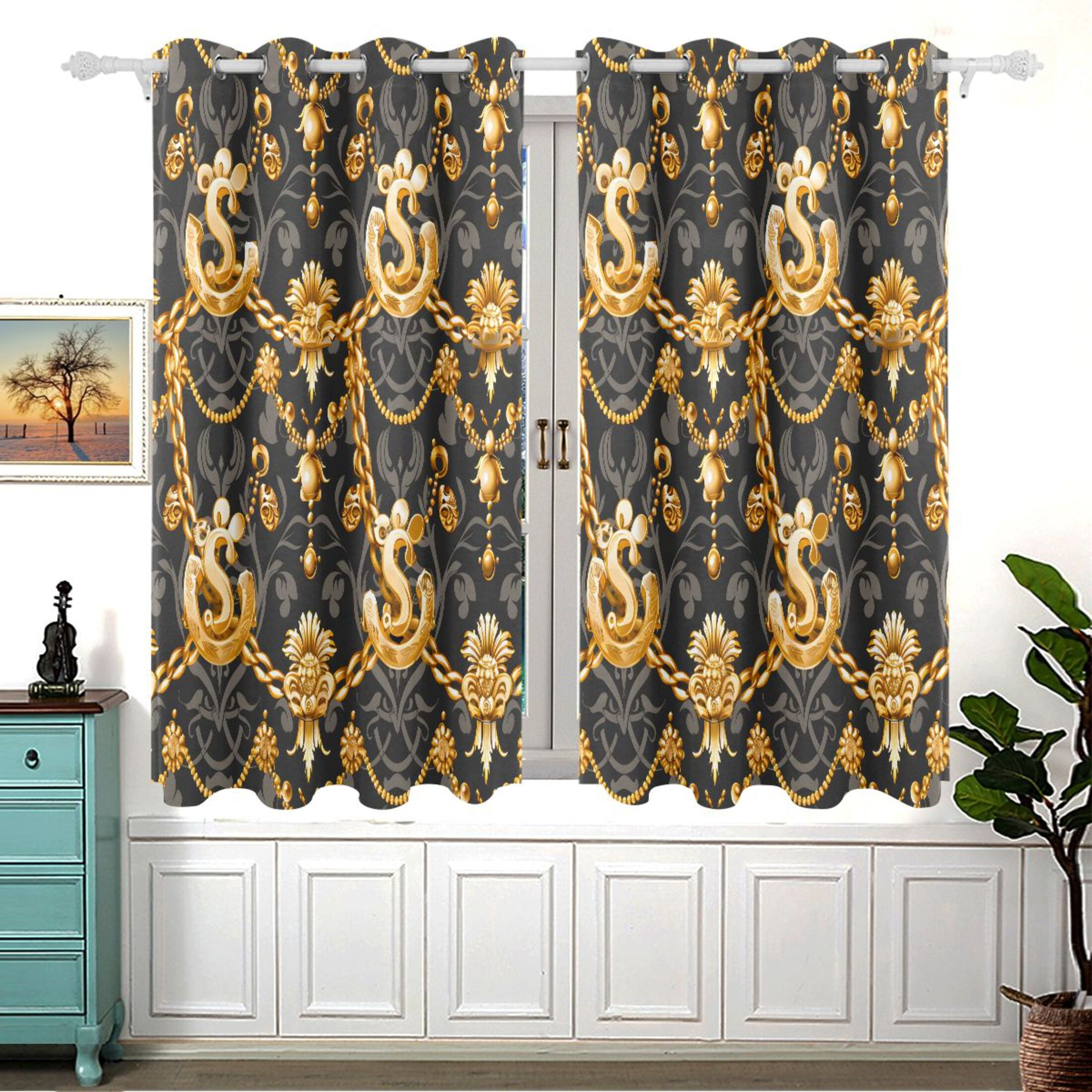 Luxury Dollar Chain Blackout Curtains 2 Panels Set Grommet Drapes for ...