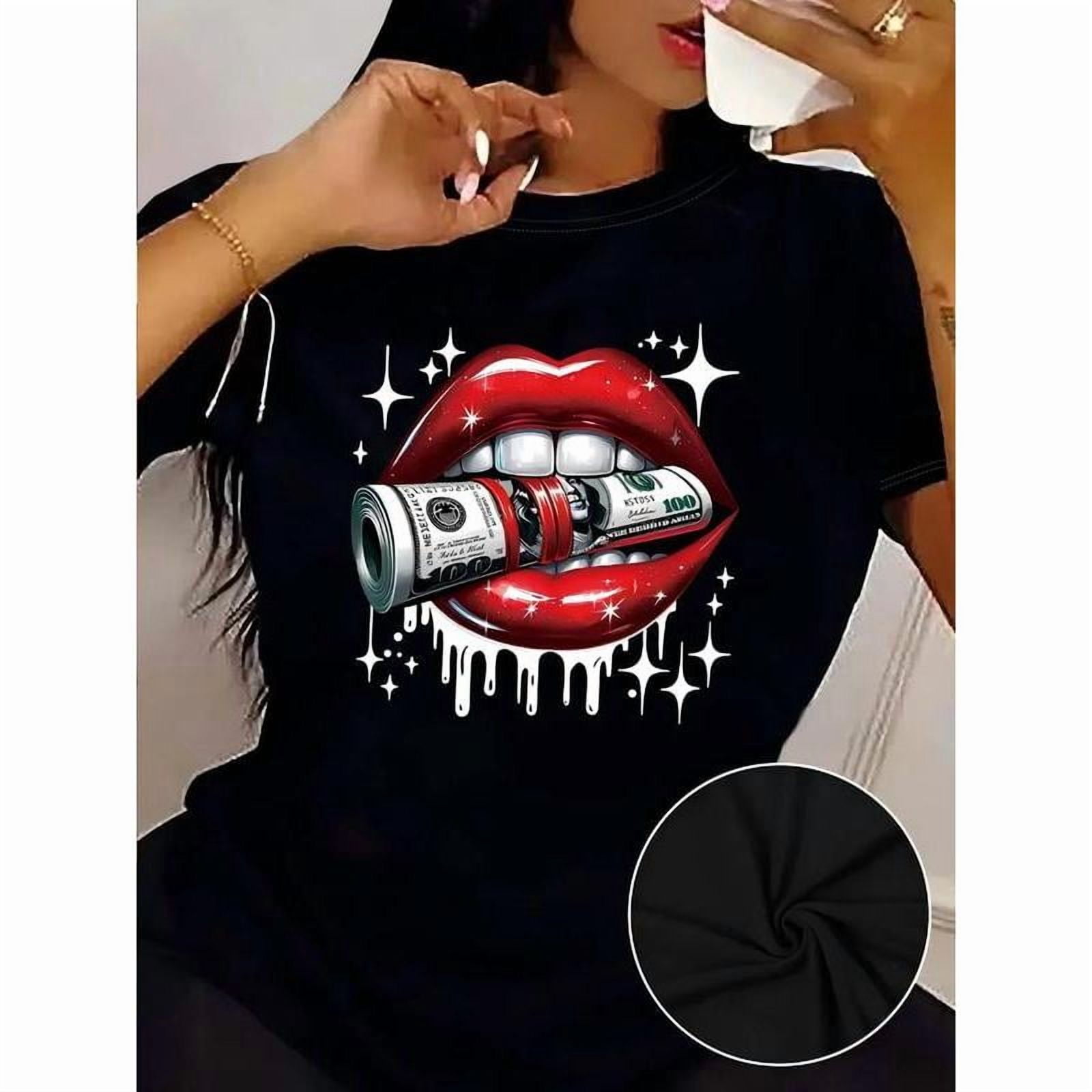 Luxury Edge T - Shirt Red Lip & Dollar Bill Art with Star Accents – A Bold, Glamorous Nod to ...