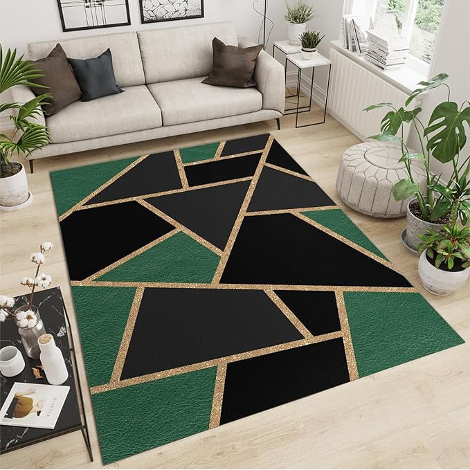 Luxury Emerald Green Area Rugs, Modern Geometric Gold Lines Washable ...