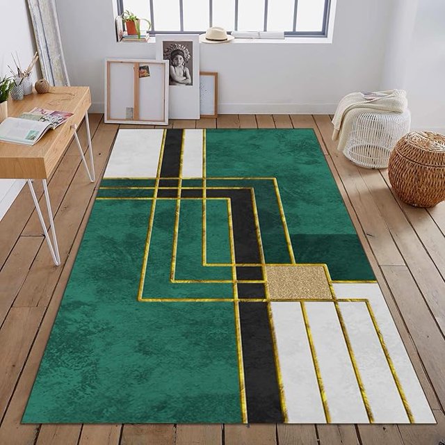 Luxury Emerald Green Gold Area Rug, Retro Black Gold Geometric Rugs For ...