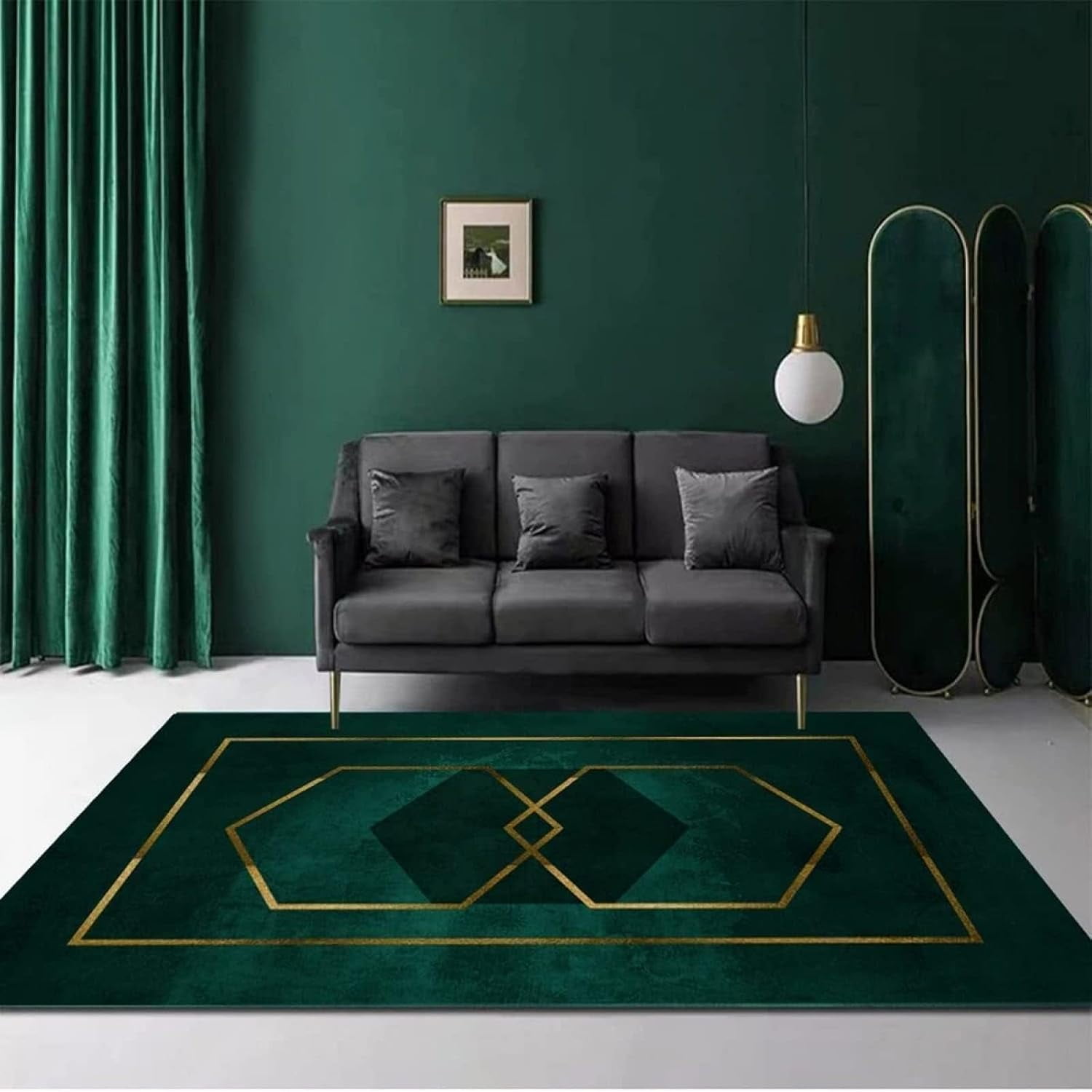 Luxury Emerald Green Gold Geometric Area Rug, Golden Lines Blue ...