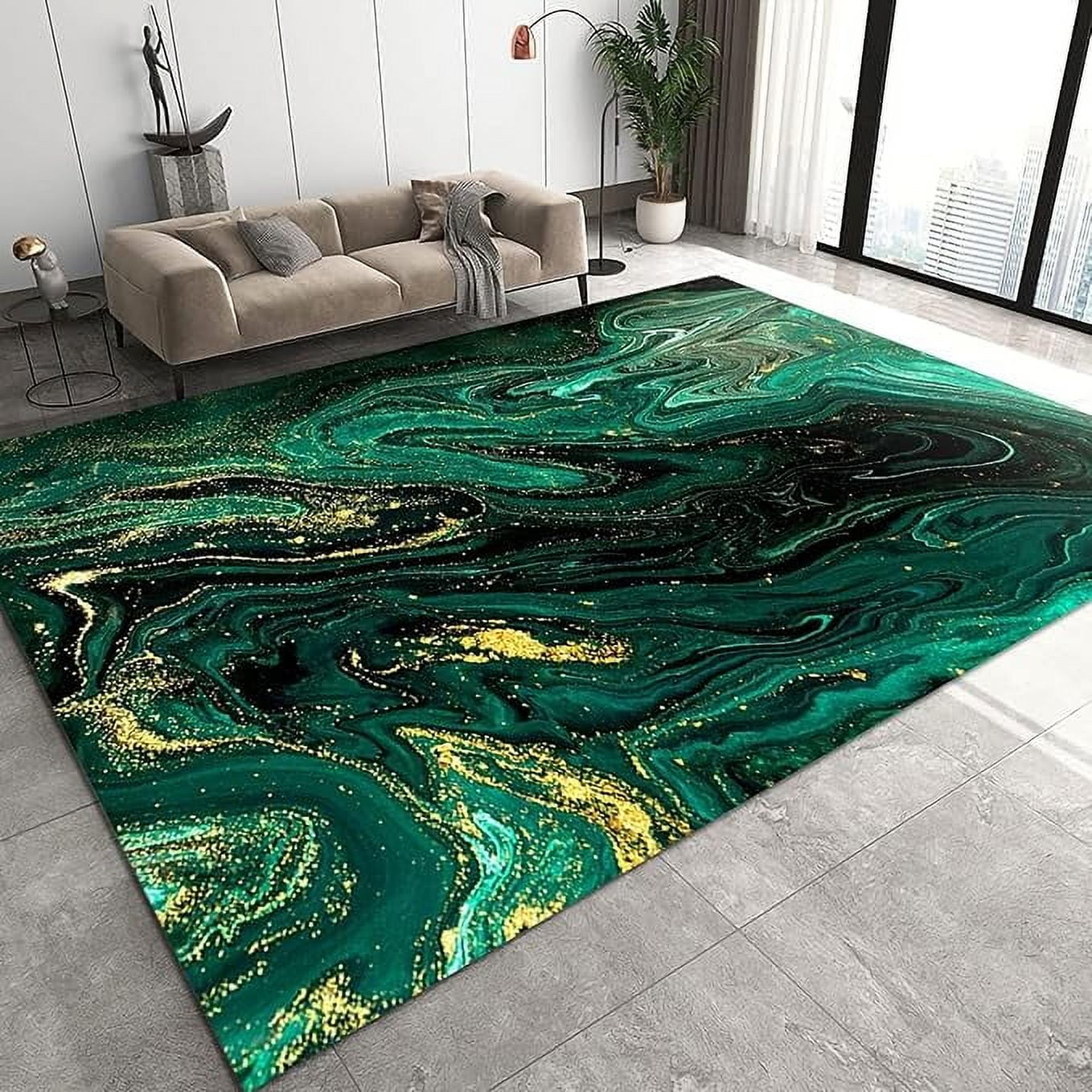 Luxury Emerald Green Gold Swirl Area Rug, Modern Green Marble Texture ...