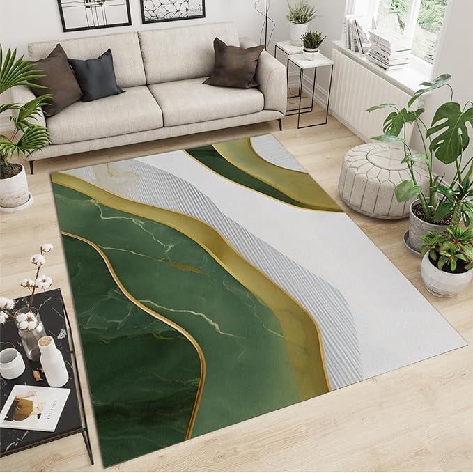 Luxury Emerald Green Stripe Rug, Grey Green Irregular Geometry Interior ...