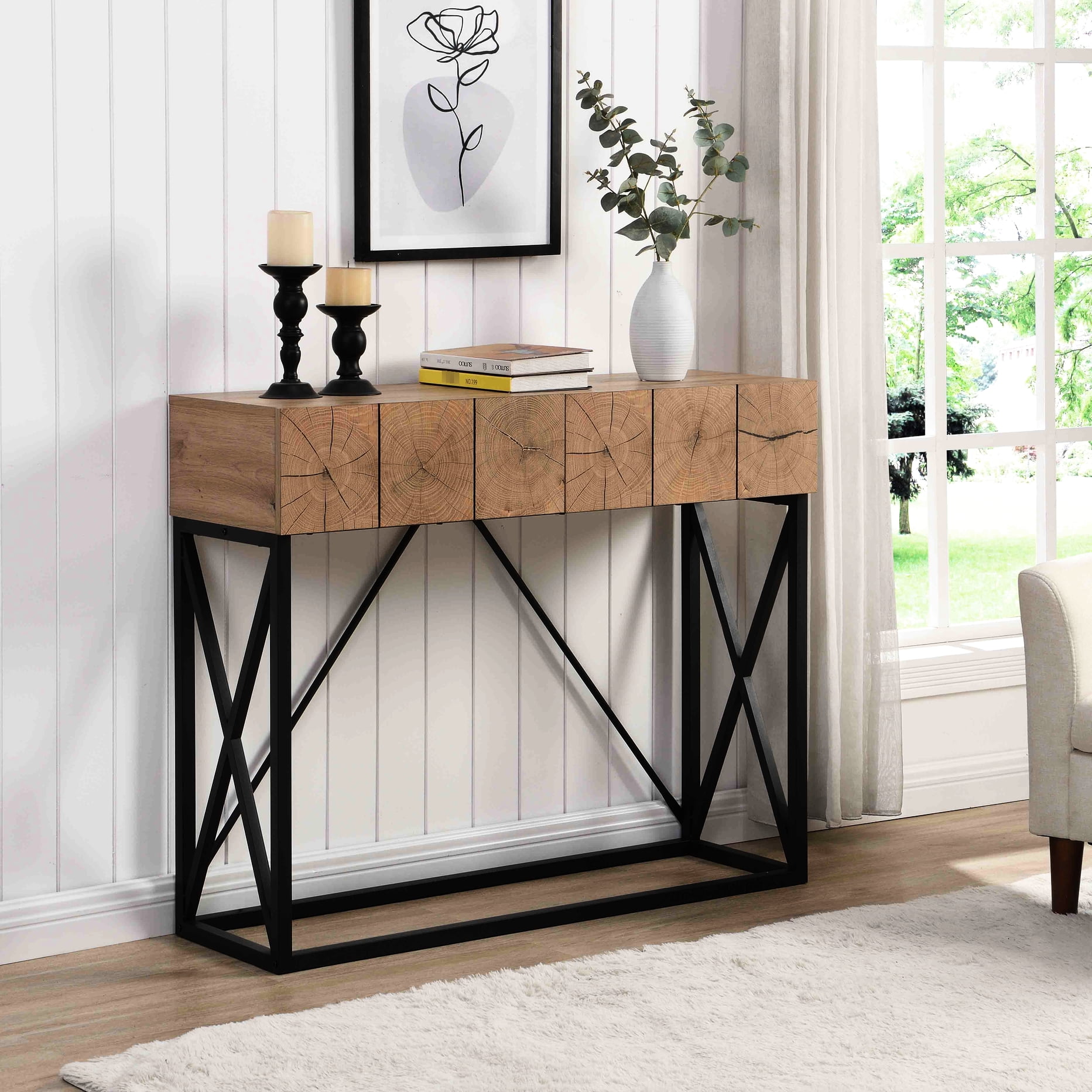 Luxury Entryway Table, 42.53''. Metal, Two Drawers Storage. Natural ...