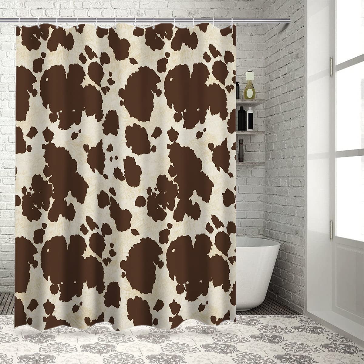 Luxury Fabric Shower Curtain, Brown Cowhide Cow Skin Look Cow Print ...