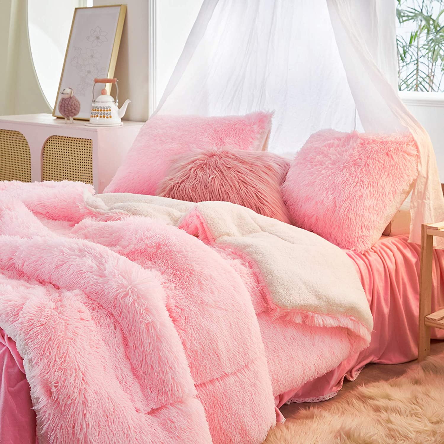 Luxury Faux Fur King Size Winter Comforter Set Shaggy Velvet Blush Pink ...