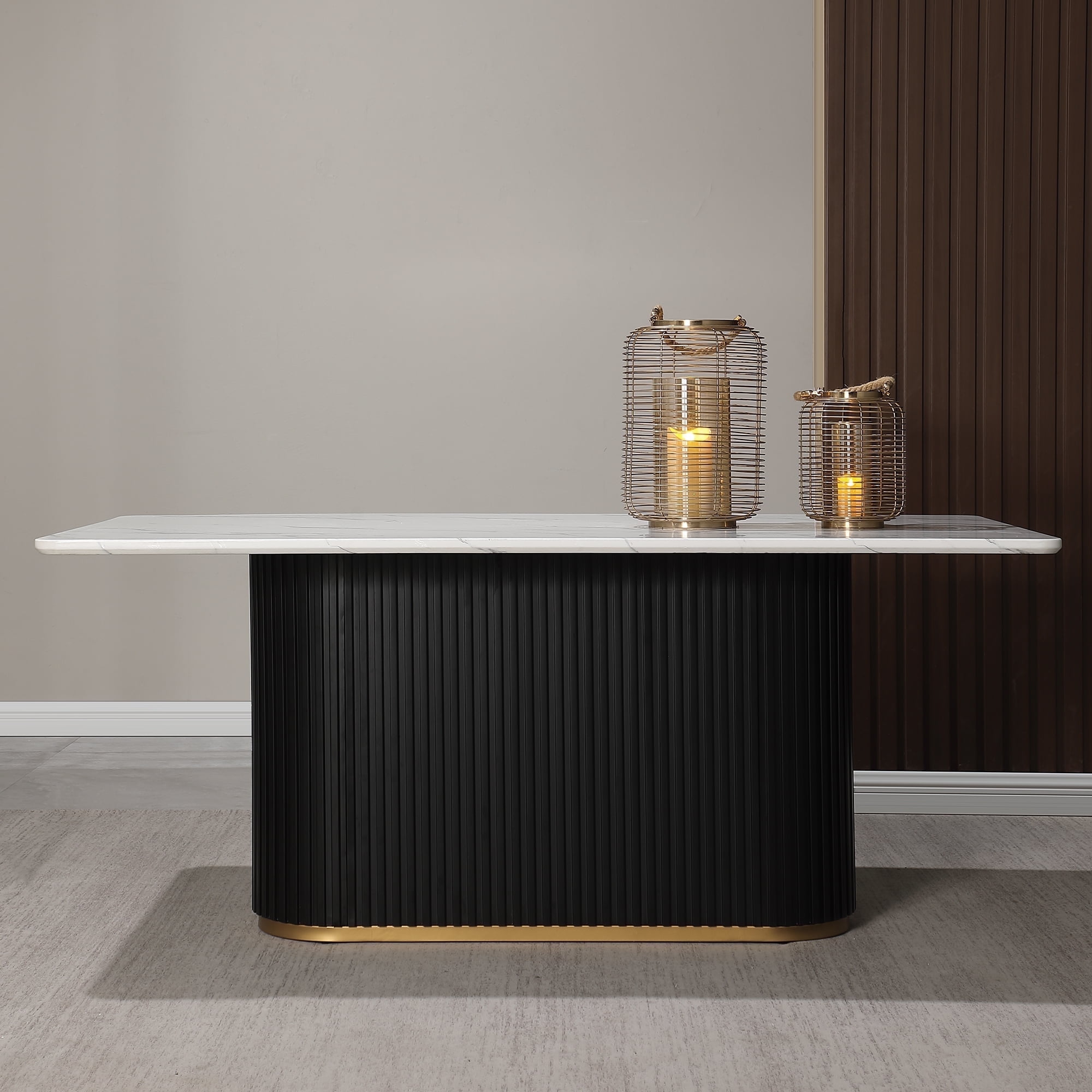 Luxury Faux Marble Top Column Base Dining Table Rectangular Metal Frame ...