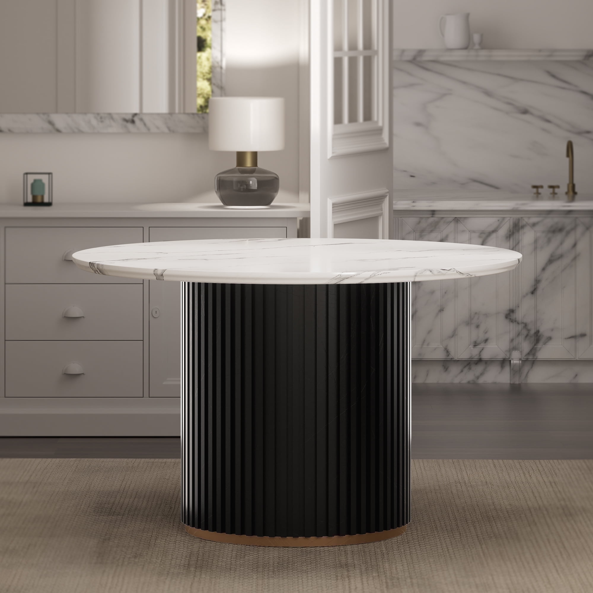 Luxury Faux Marble Top Column Base Dining Table Round Metal Frame in ...