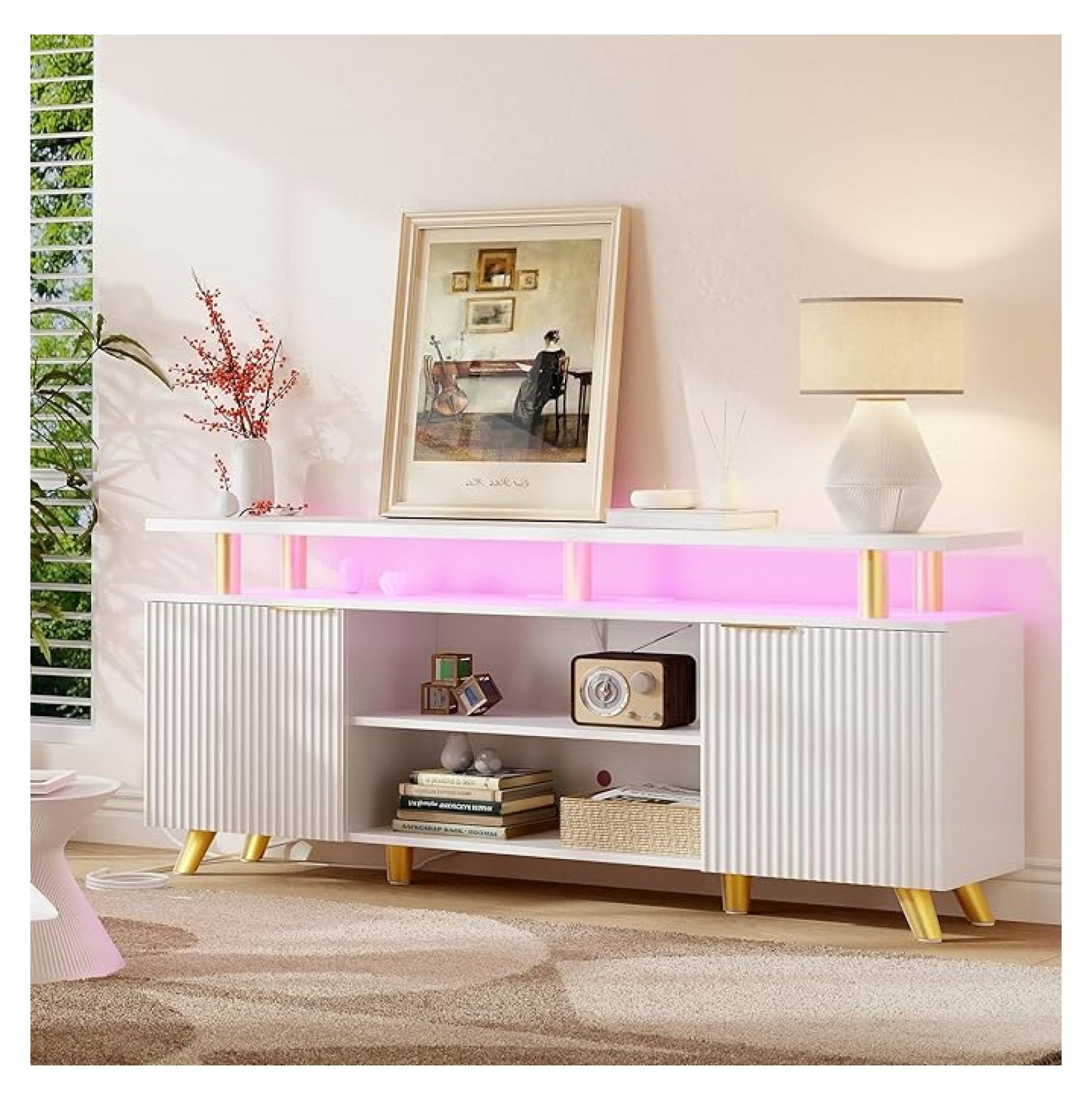 Luxury Fluted TV Stand for 60/65/70 Inch TV with Power Outlet & LED ...