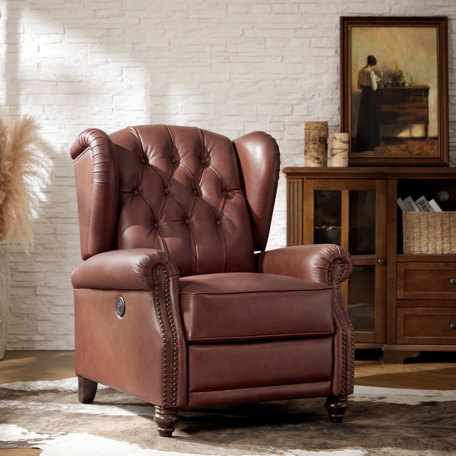 Luxury Genuine Leather Wingback Power Recliner Chair with USB, Nailhead ...