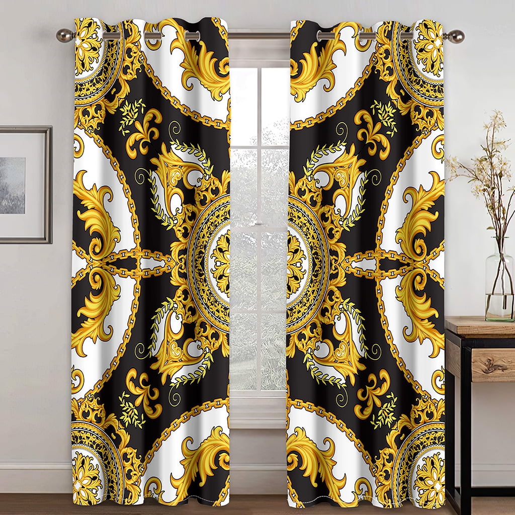 Luxury Gold Black Abstract Greek Key Girl Window Curtains Drapes for ...