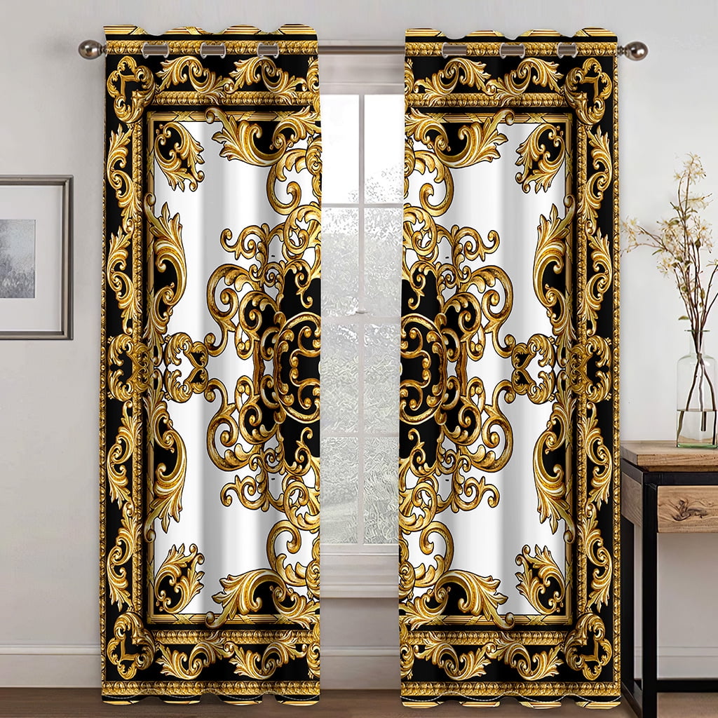 Luxury Gold Black Abstract Greek Key Girl Window Curtains Drapes for ...