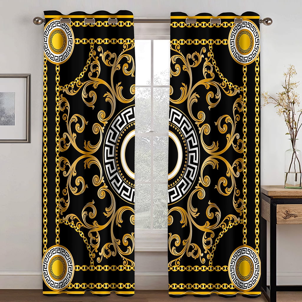 Luxury Gold Black Abstract Greek Key Girl Window Curtains Drapes for ...