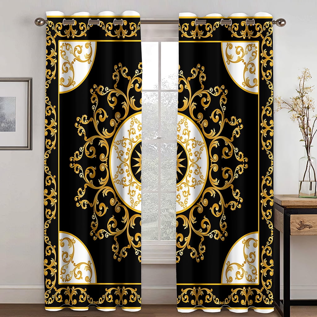 Luxury Gold Black Abstract Greek Key Girl Window Curtains Drapes for ...