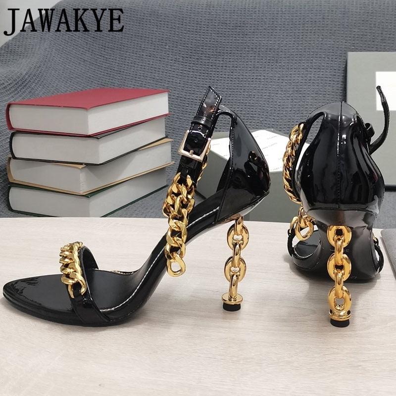 Luxury Gold Chain Heel Sandals Summer Sexy Brand Ankle Strap Party ...