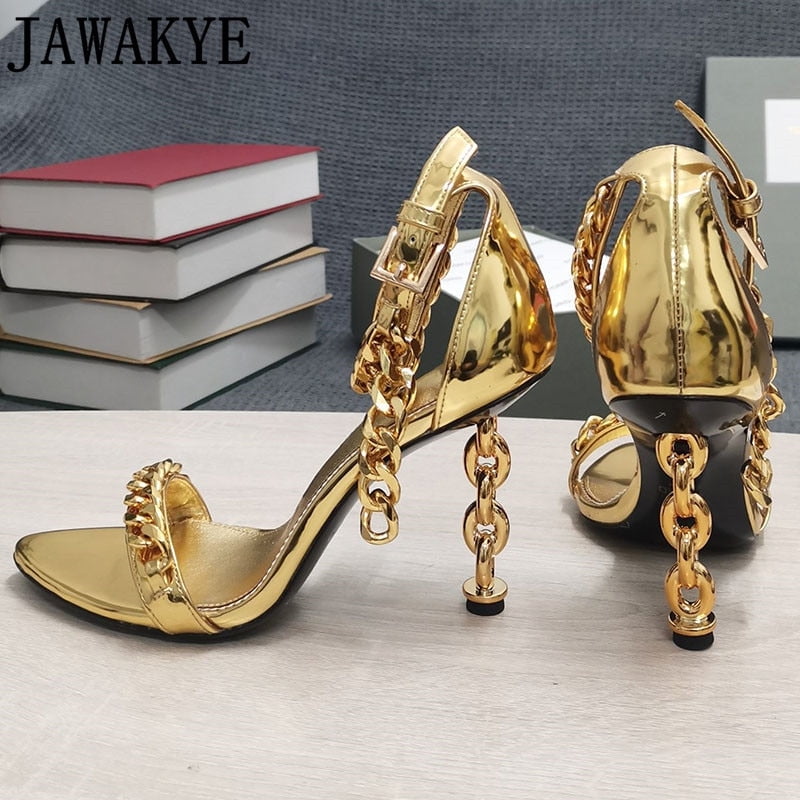 Luxury Gold Chain Heel Sandals Summer Sexy Brand Ankle Strap Party ...