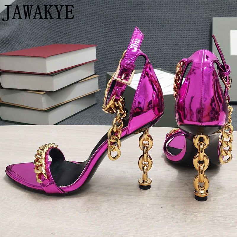Luxury Gold Chain Heel Sandals Summer Sexy Brand Ankle Strap Party ...