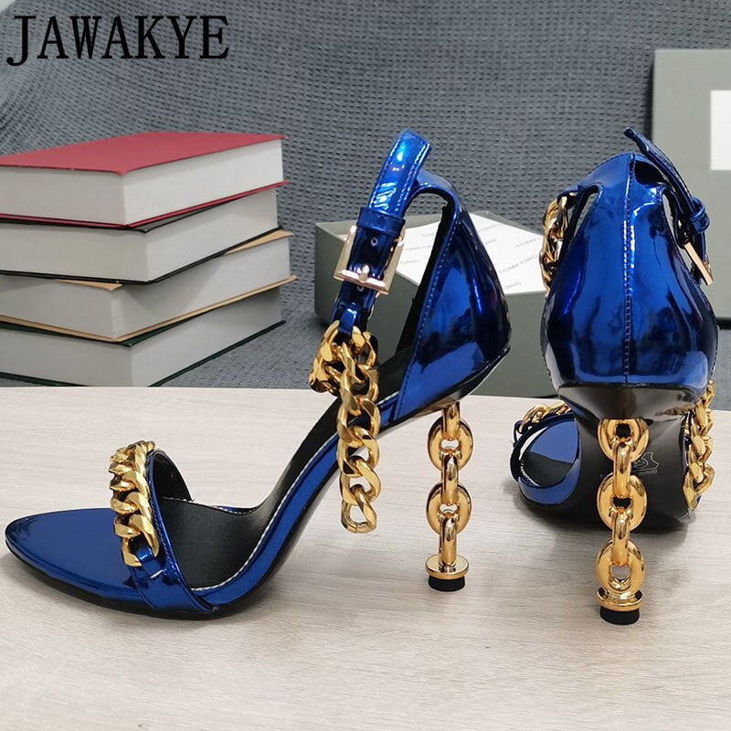 Luxury Gold Chain Heel Sandals Summer Sexy Brand Ankle Strap Party ...