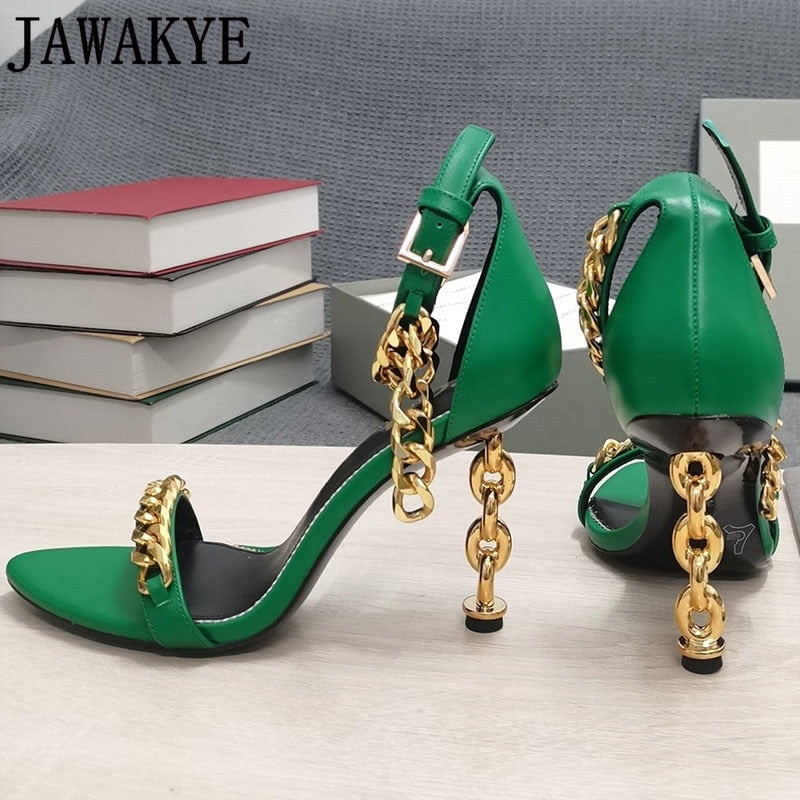 Luxury Gold Chain Heel Sandals Summer Sexy Brand Ankle Strap Party ...