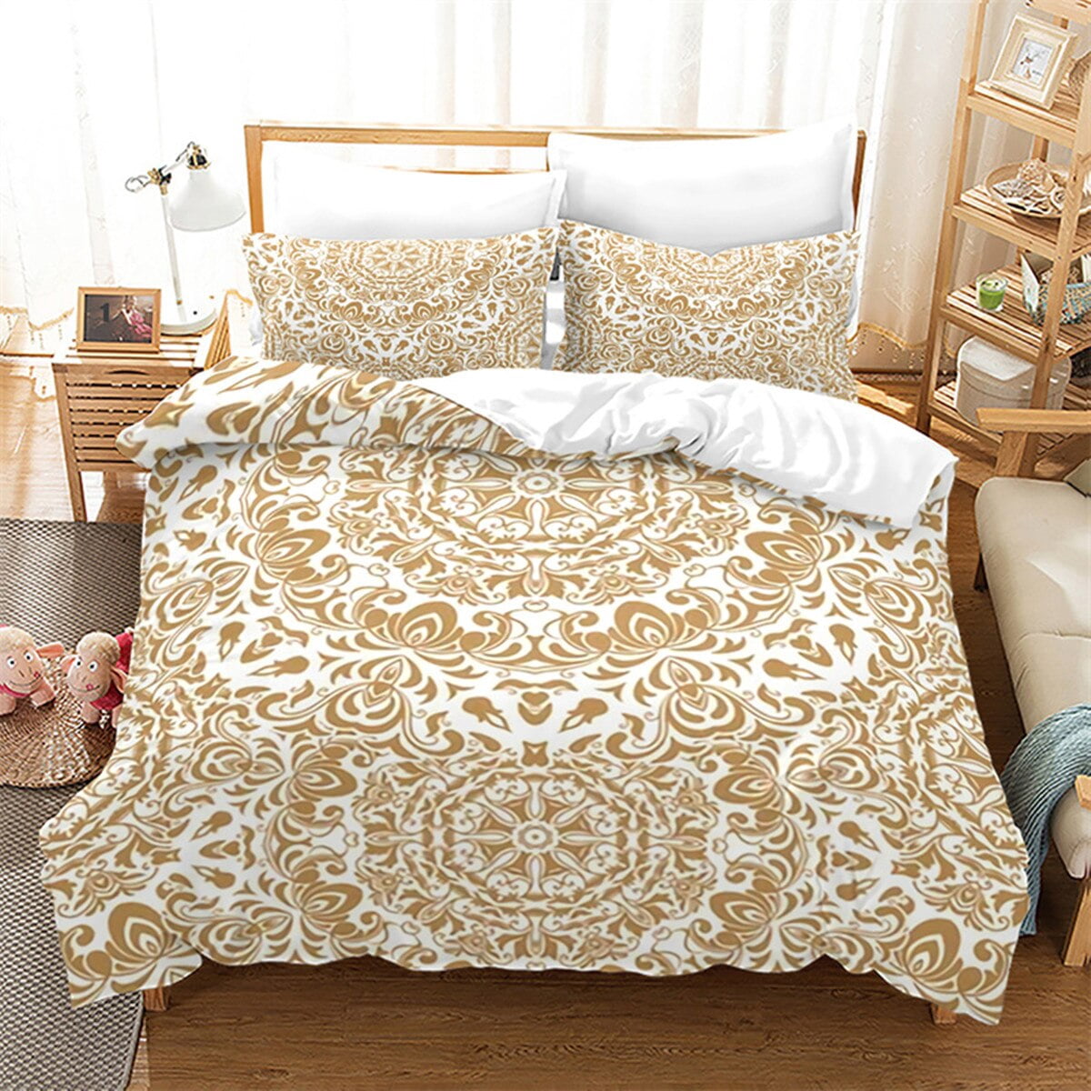 Luxury Gold Floral Duvet Cover Bohemian Leaves Microfiber Exotic ...
