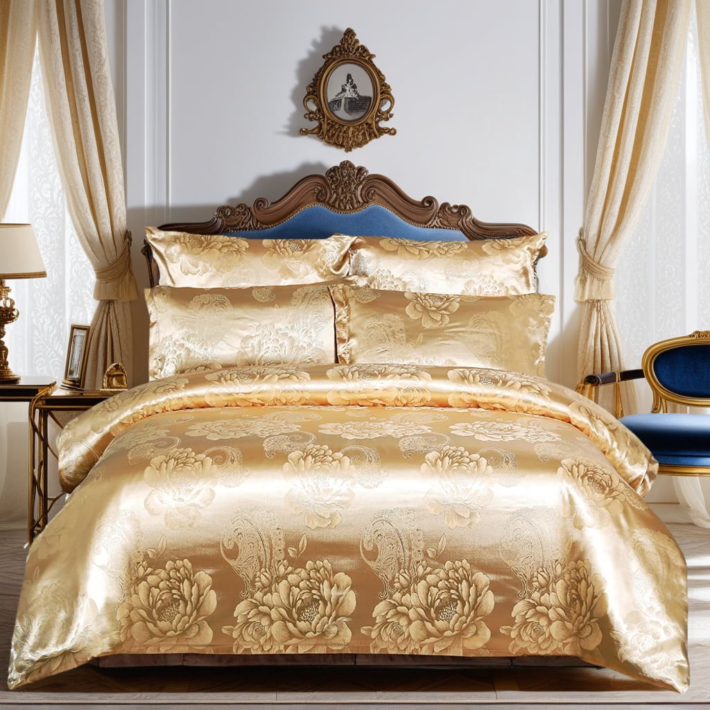 Luxury Gold Floral Duvet Cover Set - Jacquard Bedding, 3-Piece Jacquard ...